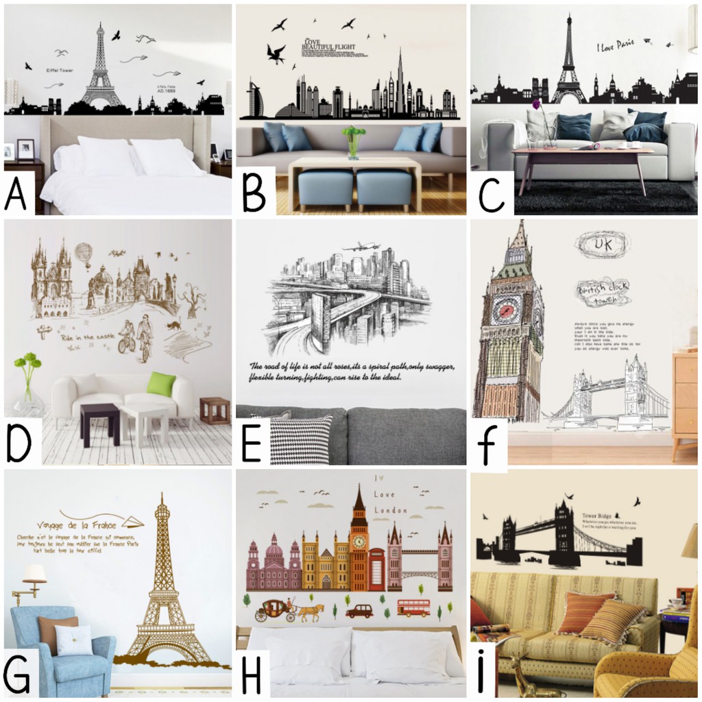 Jual Reliza Wall Sticker Kota Monumen City Paris London Eiffel Dubai ...