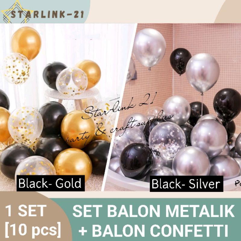 Jual [1 SET] MIX BALON METALIK + BALON KONFETI Balon Hitam Emas & Perak ...