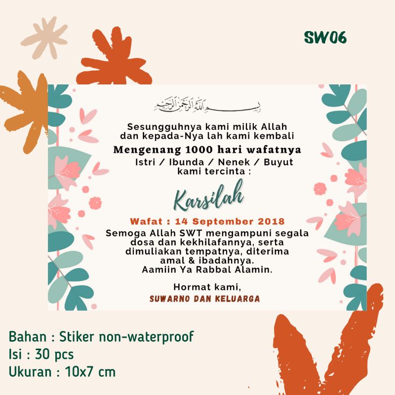 Jual Stiker mengenang Tahlilan / Pengajian 7 / 40 /100 /1000 hari wafat ...