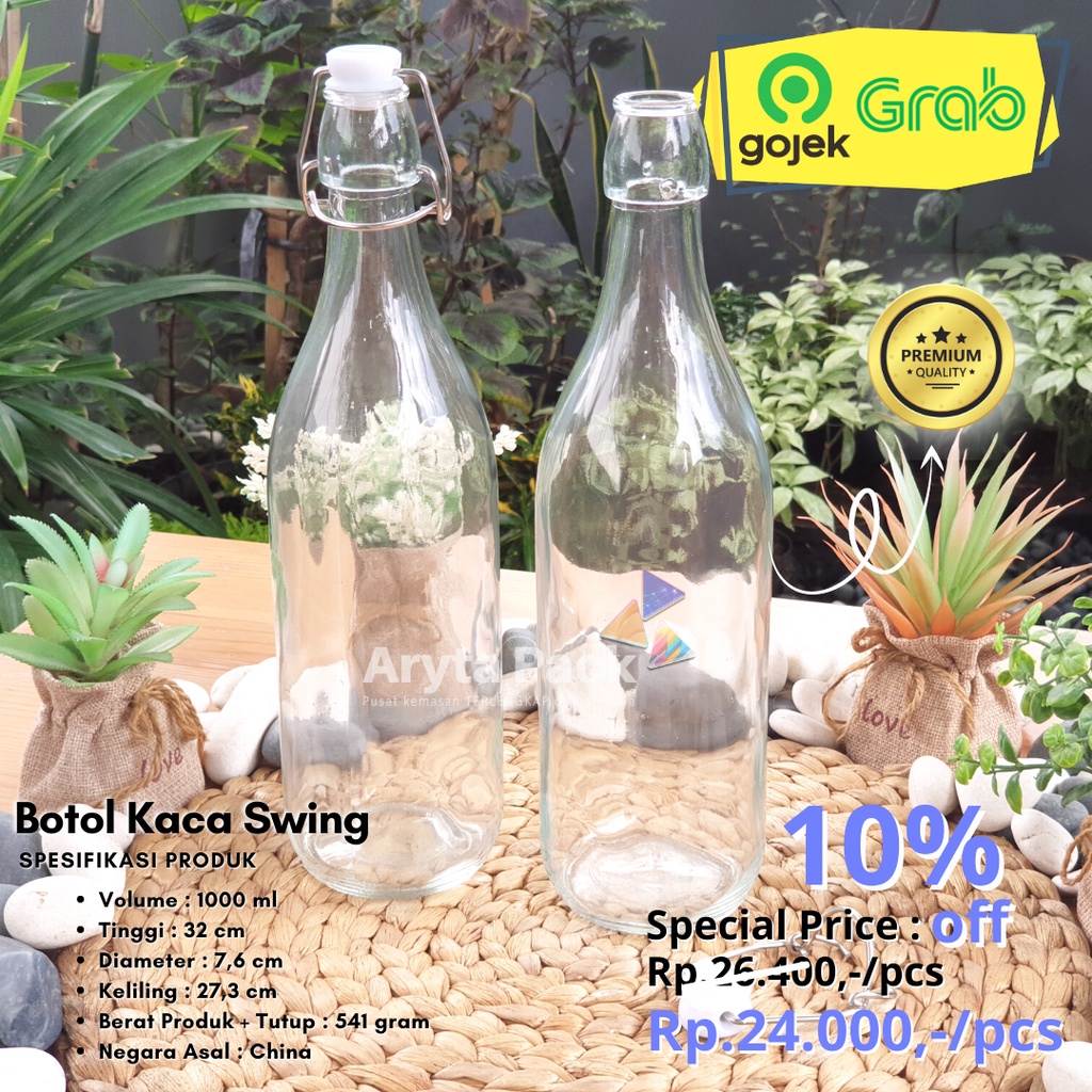 Jual Botol kaca bening 1000ml swing lid minuman jus susu kopi minyak ...