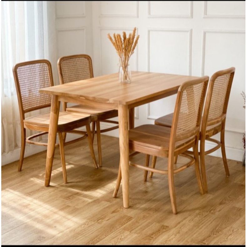 Jual meja makan rotan kursi 4 kayu jati tebal meja 3cm mebel jepara | Shopee Indonesia