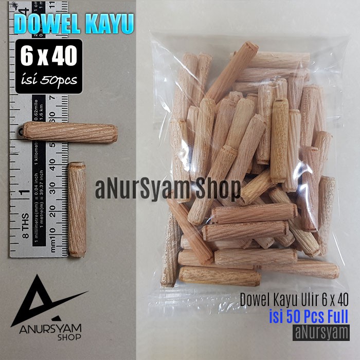 Jual Dowel Kayu Bulat 6 x 40 mm 8 x 40 Isi 50 pcs / Pasak Kayu Ulir 6 x ...