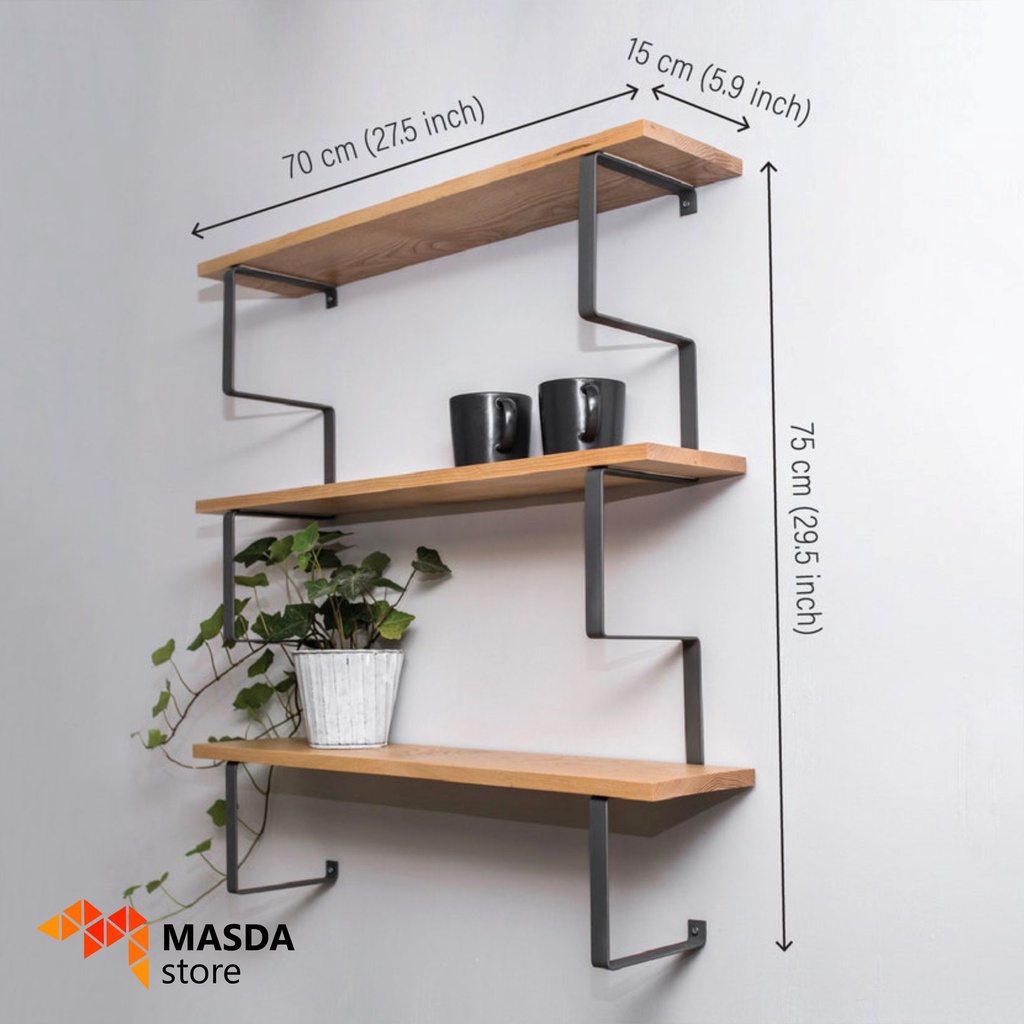 Jual Rak dinding kayu & besi panjang 70cm 3 ambalan geometric cocok ...