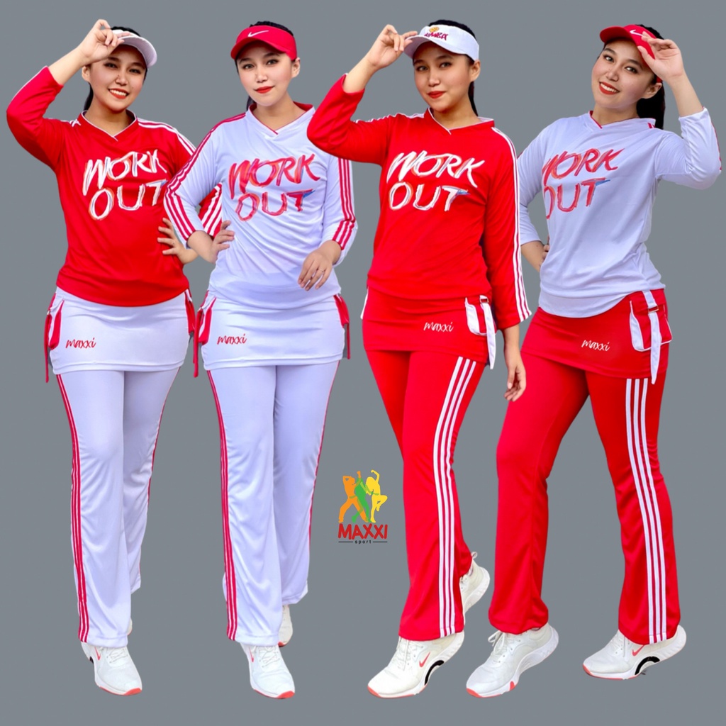 Jual Setelan Baju Senam Merah Putih Rok Workout Panjang Set Baju ...