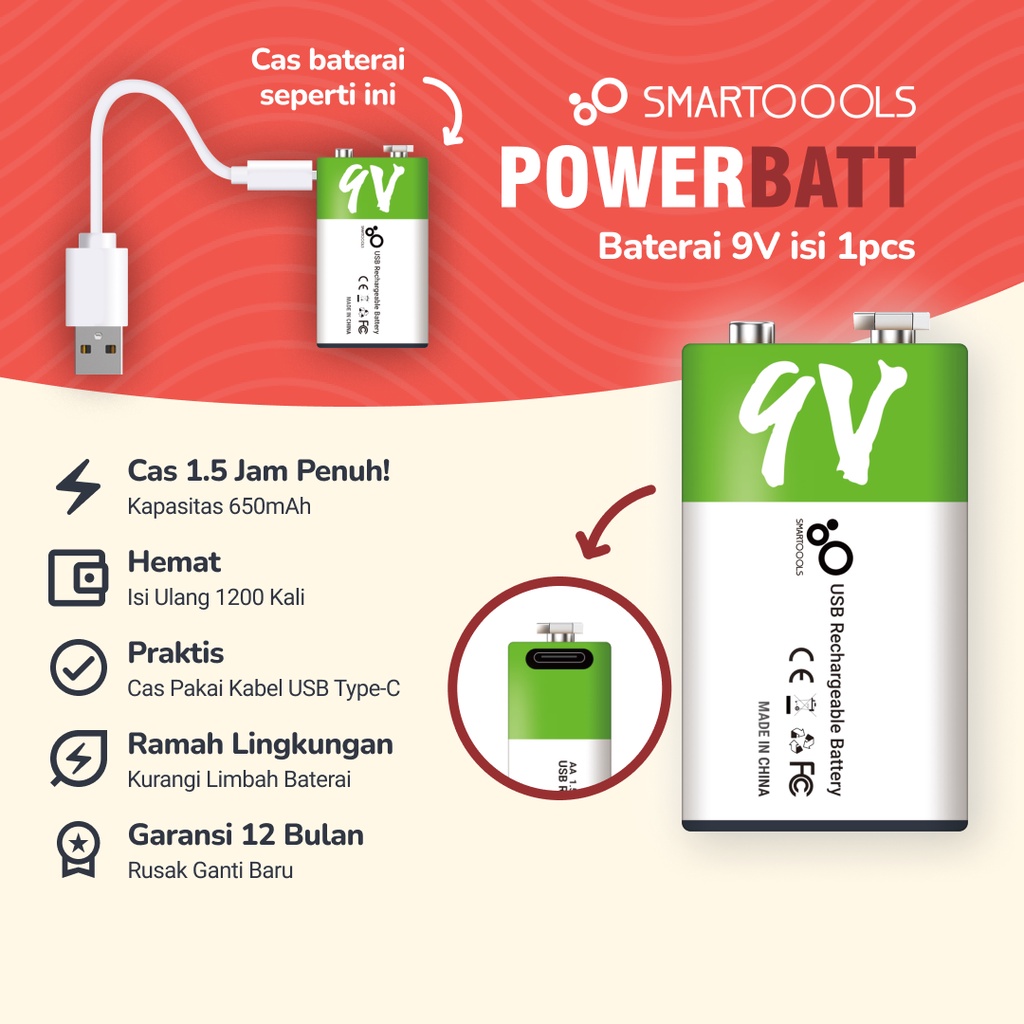 Jual Baterai Cas Isi Ulang Smartoools PowerBatt 9V Type-C USB ...