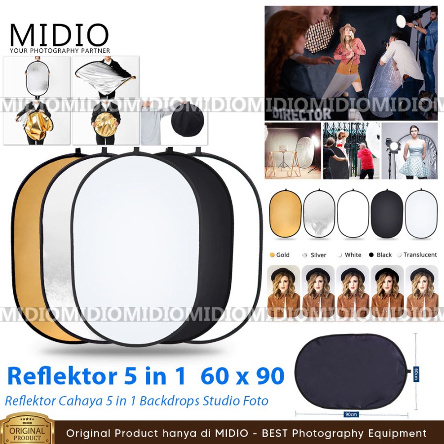 Jual Reflector Studio Foto 5in1 Oval Midio Ukuran 60x90 Reflektor Photo ...