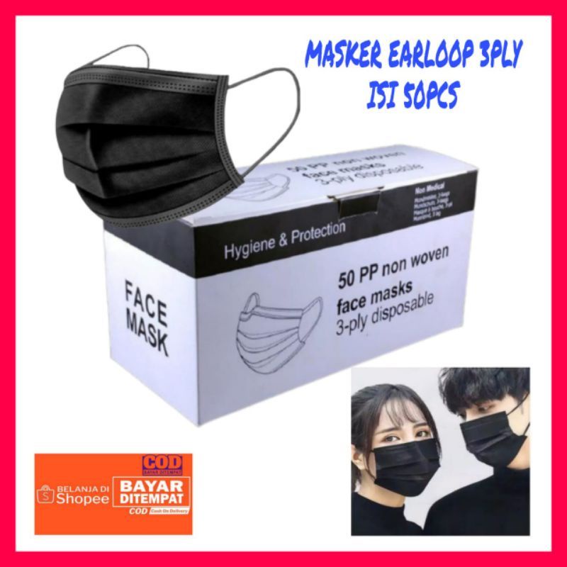 Jual Masker EARLOOP 3ply HITAM 1box Isi 5pcs Disposable Face Masker ...
