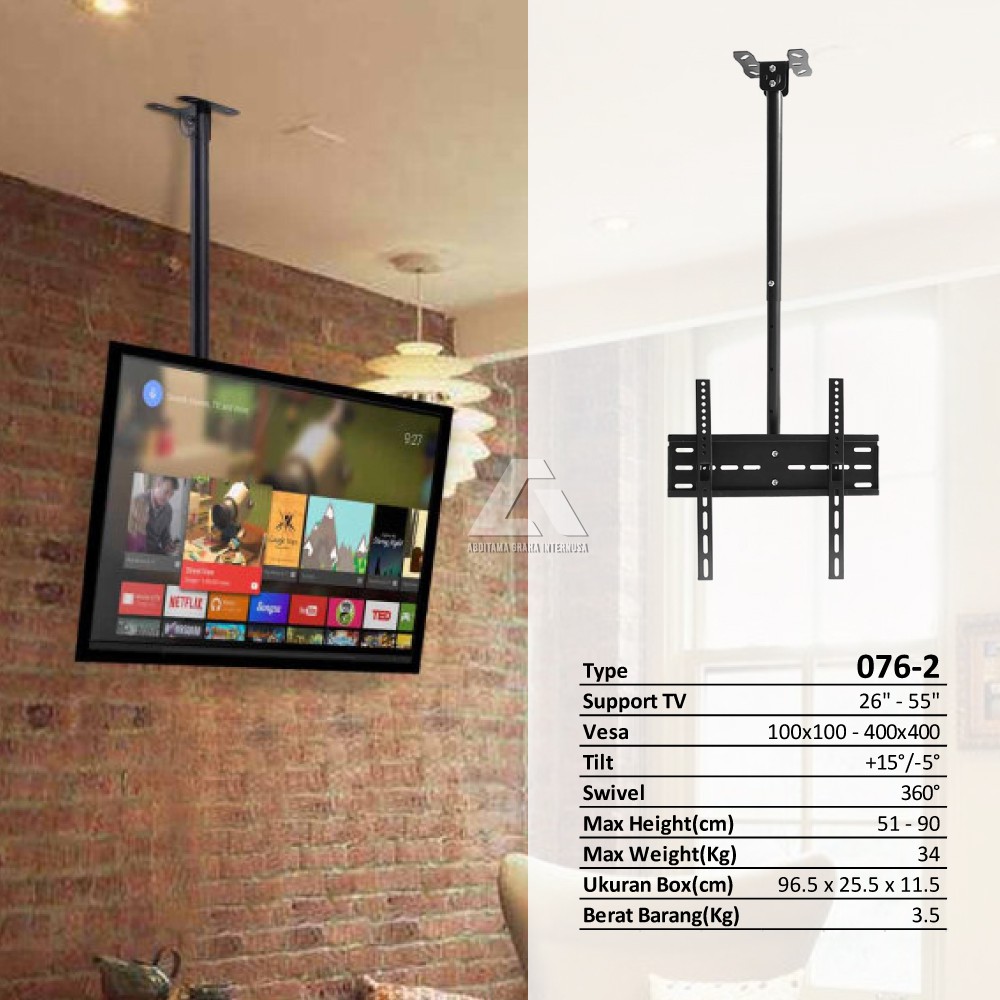 Bracket TV gantung ceiling plafon 076-2 26"-55" Tilt Swivel pajg 51-90 ...