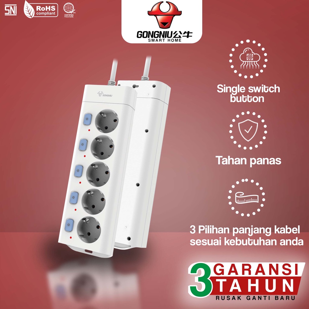 Jual GONGNIU Stop Kontak 5 Lubang Panjang 1,5M 3M 5M Stop Kontak Kabel ...