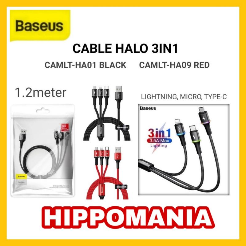 Jual BASEUS KABEL CHARGER HP HALO LED 3 IN 1 1.2M KABEL DATA HANDPHONE ...