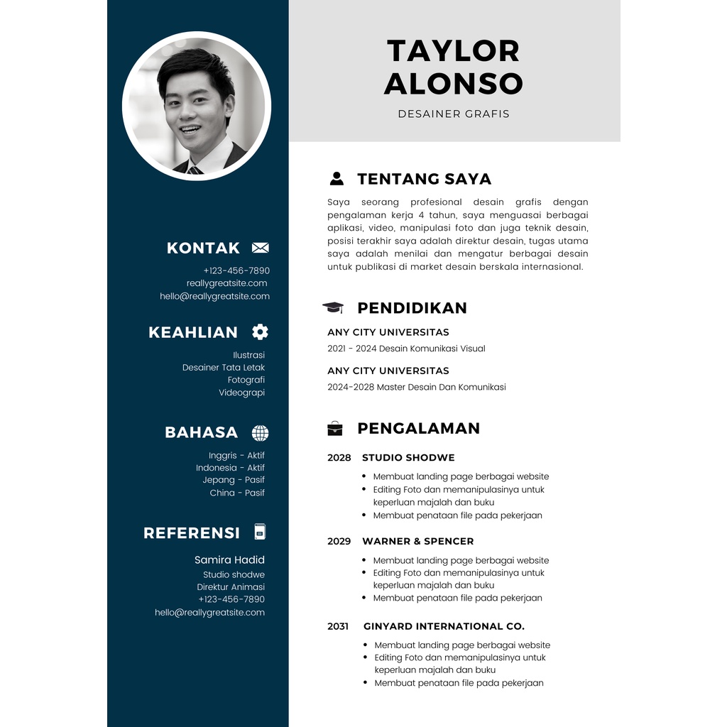 Jual Desain CV (Curriculum Vitae) Biru Navi & Putih Minimalis Lulusan ...