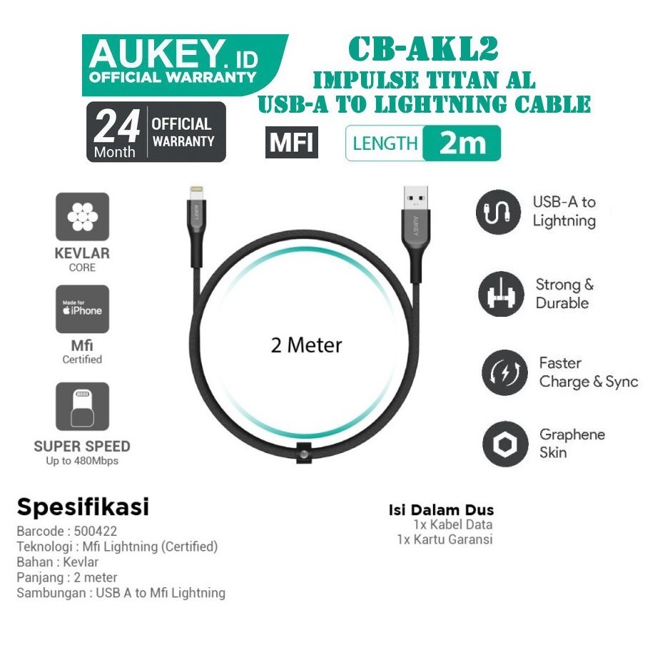 Jual AUKEY CB-AKL2 IMPULSE TITAN AL USB-A to Lightning MFI Kevlar Cable 2M | Shopee Indonesia