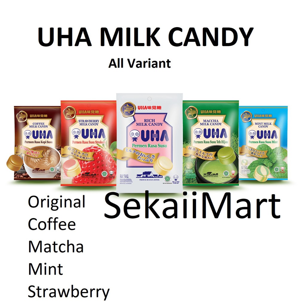 UHA Milk Candy All Variant Pack Kantong 100g - Permen Susu Rasa Mint Matcha Strawberry Coffee ...
