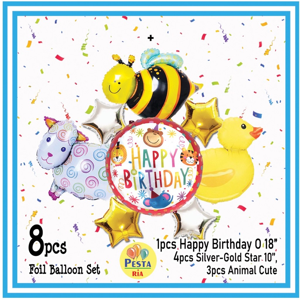 Jual Murah!! (1Set isi 8Pcs) Balon foil set HBD karakter Animal Cute ...