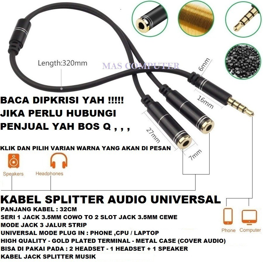 Jual Kabel Audio Splitter 3.5MM 2Headset Musik / Speaker To 1Play On ...