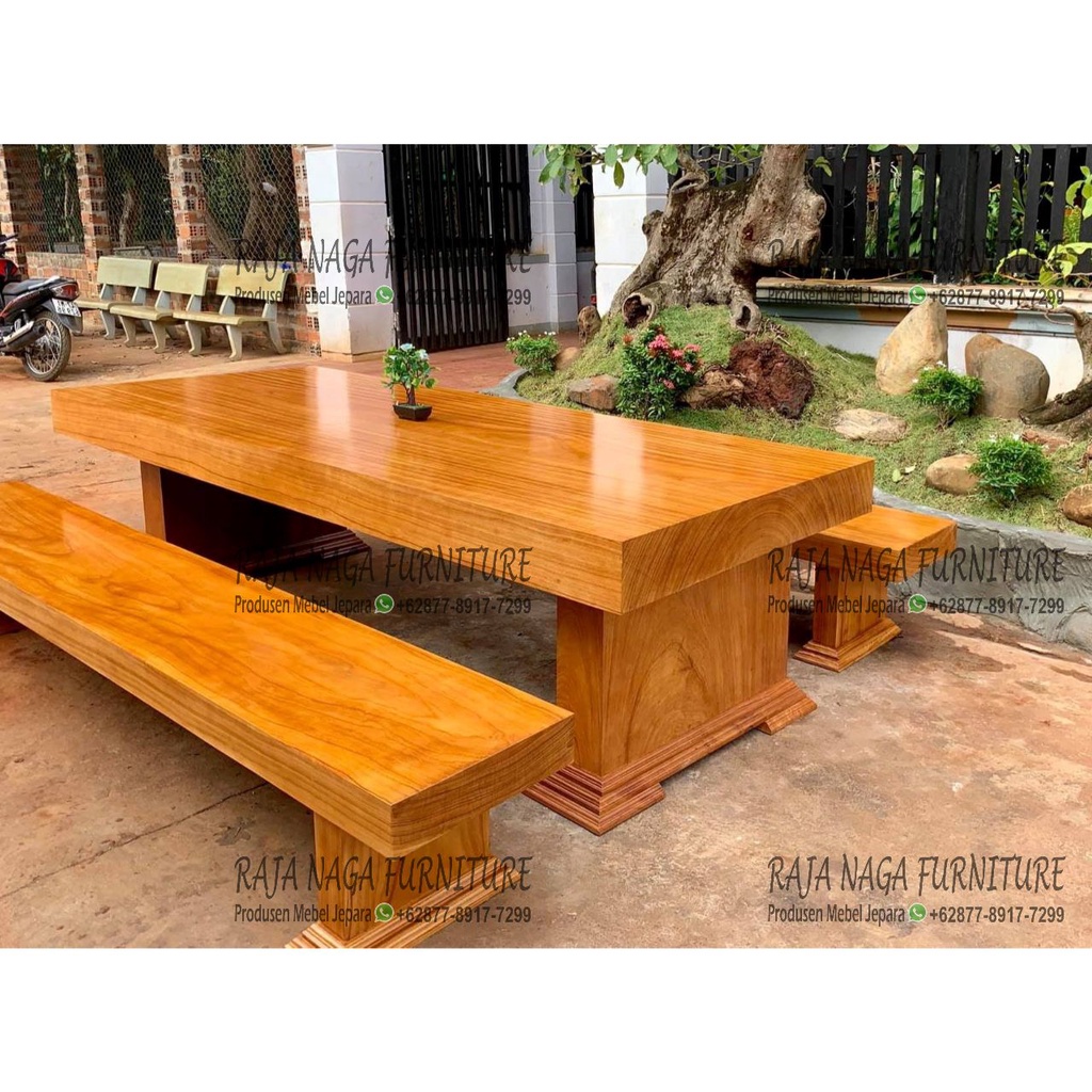 Jual Meja Makan Panjang Kayu Trembesi Daun Tebal Tepi Kotak Lurus ...