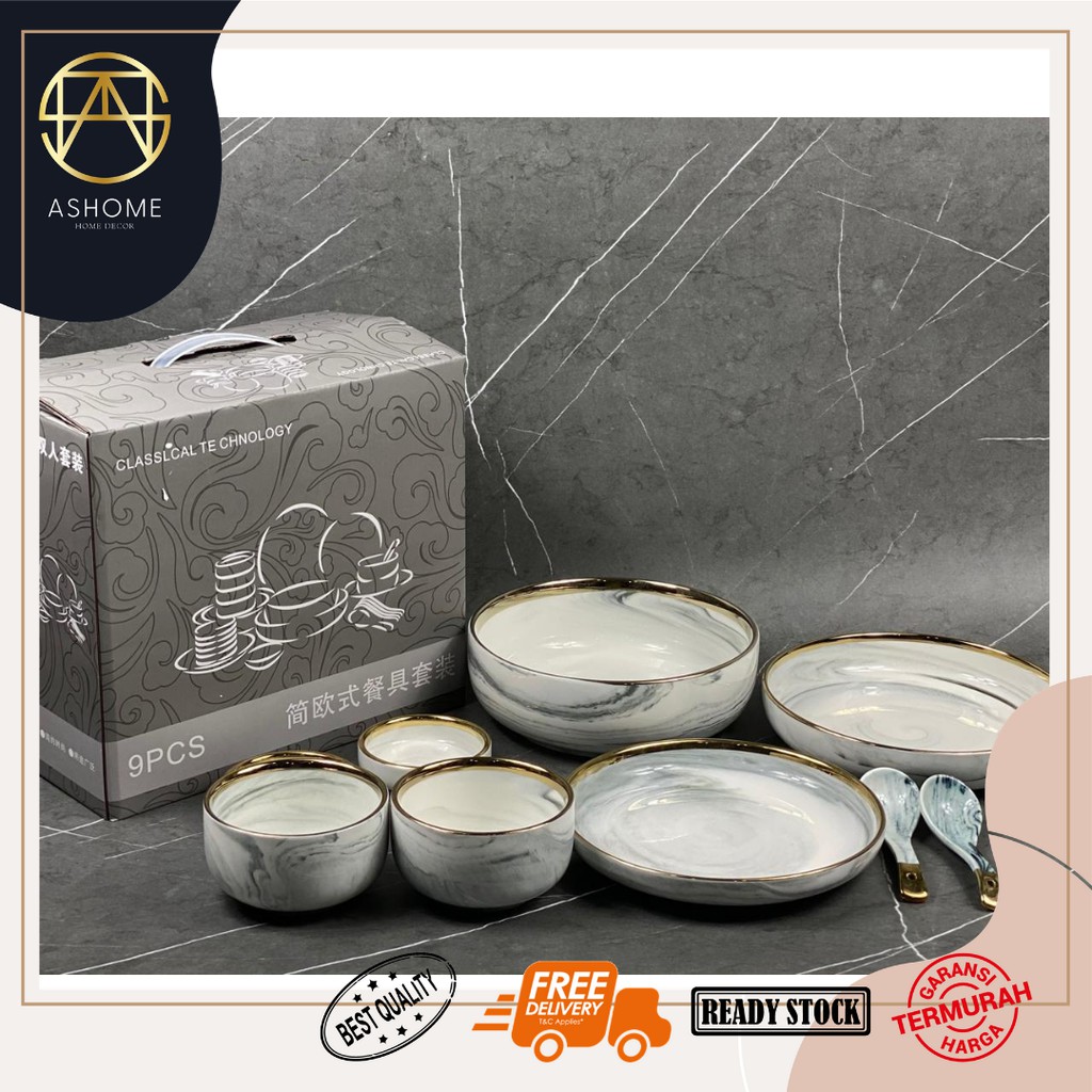 Jual ASHOME Piring Set 2 Orang Piring Makan Set Keramik Abu Marble Isi ...