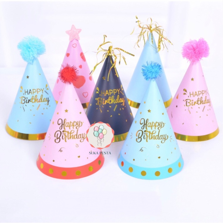 Jual TOPI ULTAH KERUCUT MIX POMPOM / BIRTHDAY PARTY HAT / TOPI PESTA ...