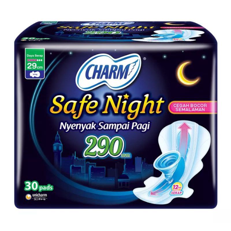 Jual Charm Pembalut Safe Night 29cm Wing 30 pads | CHARM bodyfit ...