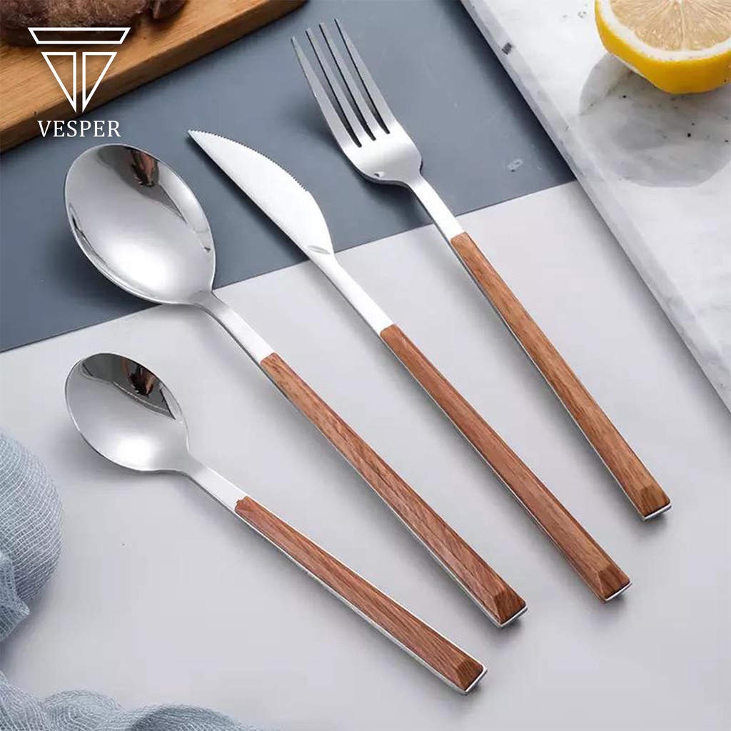 Jual wood grain cutlery set tableware / paket lengkap sendok garpu ...
