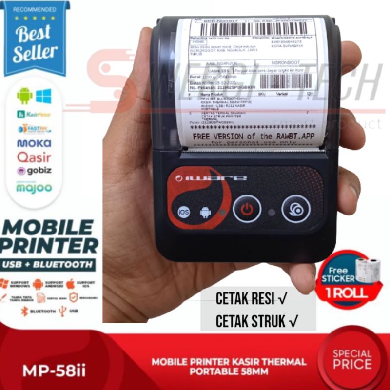 Jual PRINTER BLUETOOTH THERMAL 58MM MP-58II CETAK RESI ANDROID DAN STRUK KASIR (FREE KERTAS ...