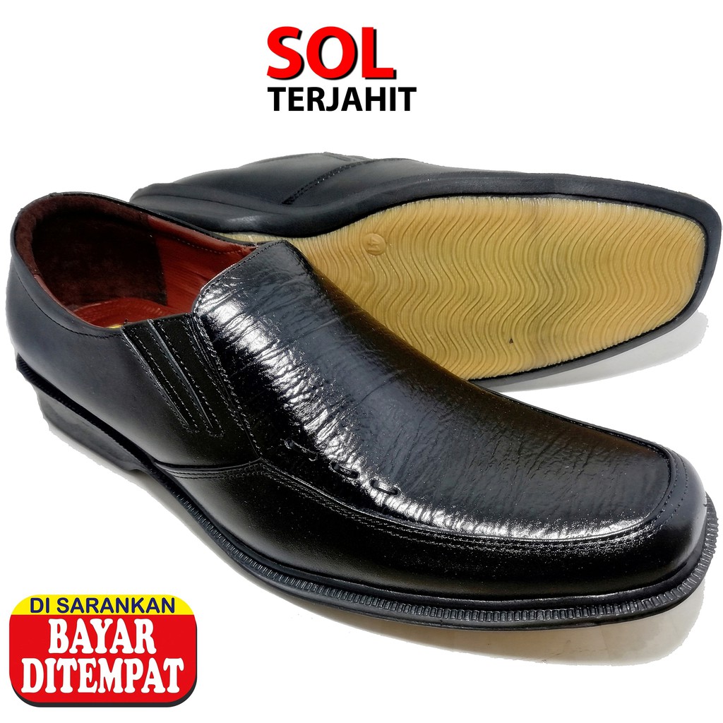 Jual Sepatu Pantofel Hitam Pria Kulit Asli SOL KARET Terjahit Kuat ...
