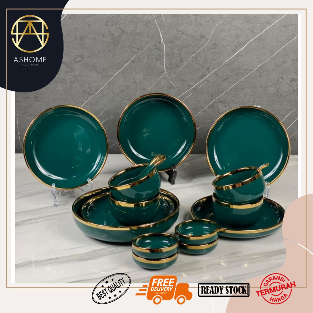 Jual ASHOME Piring Set 4 Orang Piring Makan Set Keramik Hijau Emerald ...