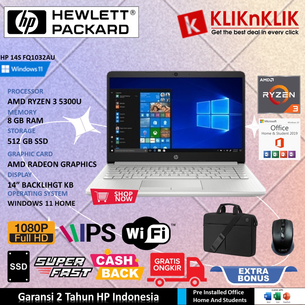 Jual HP 14s AMD Ryzen 3 5300U 8GB 512GB SSD FHD IPS Windows 11 + OHS ...