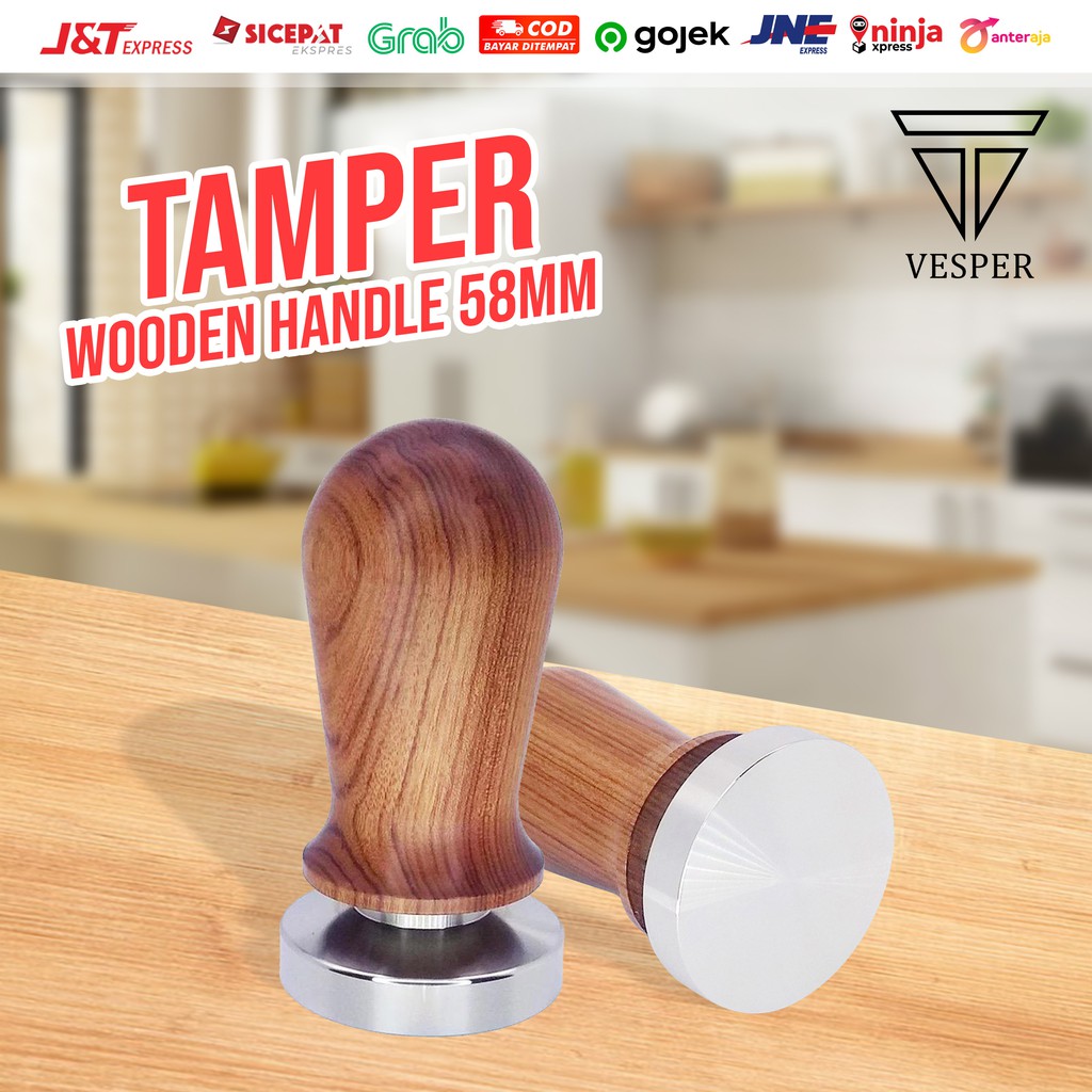 Jual coffee tamper 58mm wooden handle / alat tamping press kopi gagang ...