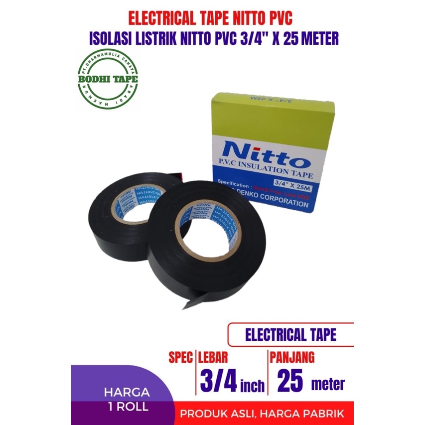 Jual NITTO ISOLASI LISTRIK ORIGINAL Tape Hitam PVC kabel nito 3/4" 25M ...