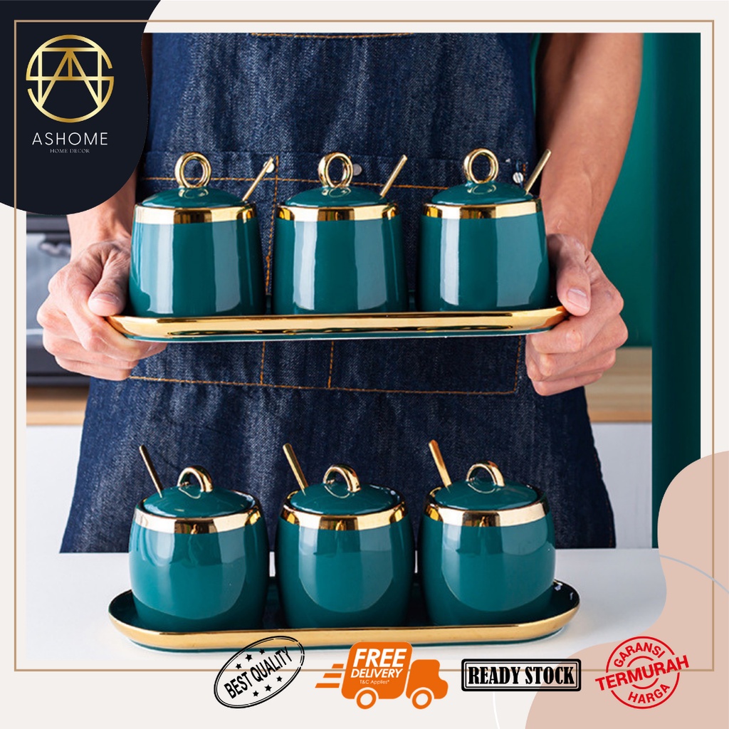 Jual TEMPAT BUMBU KERAMIK EMERALD LIST GOLD ELEGANT/ TEMPAT LADA GULA ...