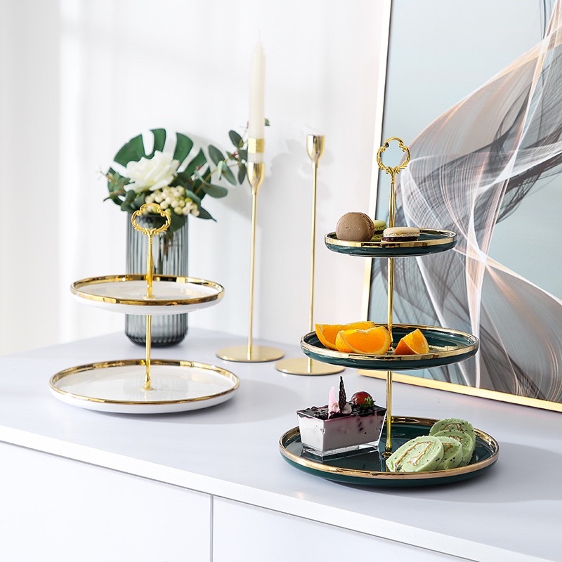 Jual ASHOME Piring Kue Tingkat Keramik Berbagai Warna List Gold / Double Layer Dessert Cake ...