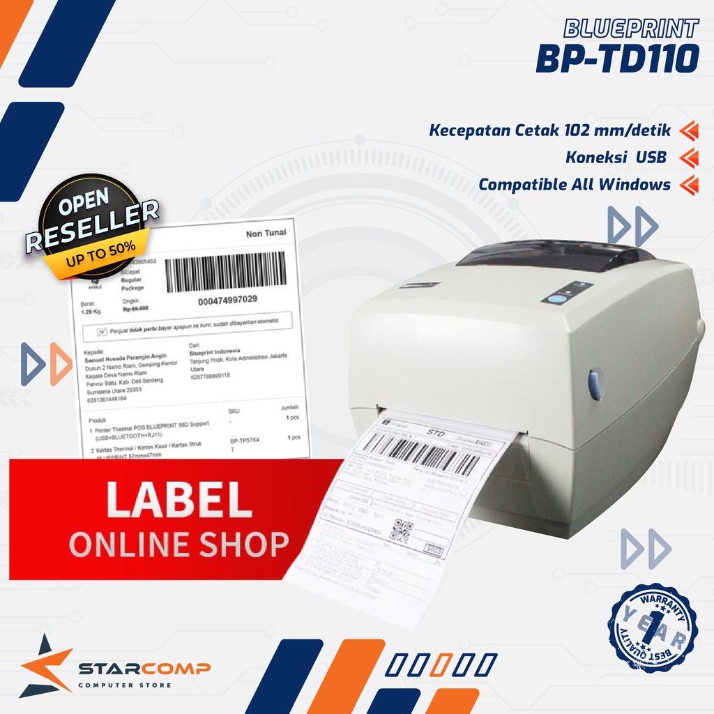 Jual Printer Barcode Thermal Printer Label Resi A6 BLUEPRINT TD110 ...