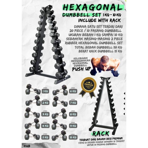 Jual Dumble Set Rubber Hexagonal Plus Rack ukuran 1-10 kg | Shopee ...