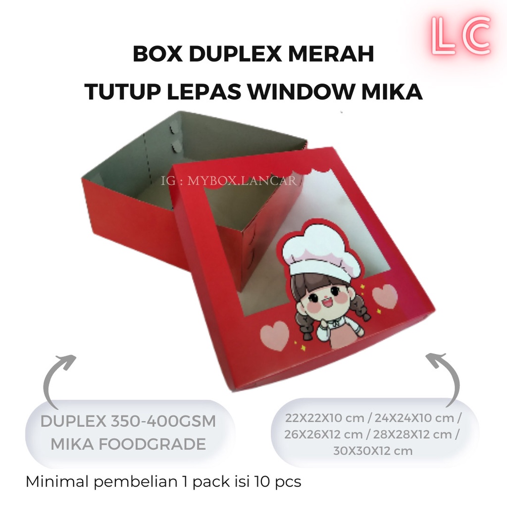 Jual (10 LEMBAR) BOX KUE MERAH CHEF WINDOW MIKA 30 X 30 X 12 CM, DUS ...
