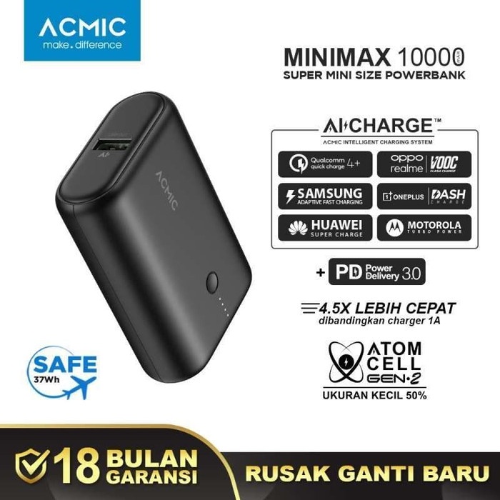 Jual ACMIC MINIMAX SUPERMINI AICHARGE POWER BANK 10000MAH (QC4 + PD ...