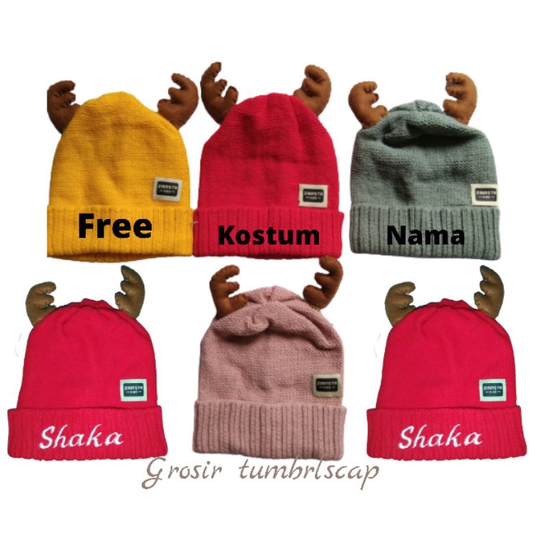 Jual TOPI KUPLUK RAJUT BAYI ANAK BORDIR NAMA MODEL TANDUK RUSA | KUPLUK ...