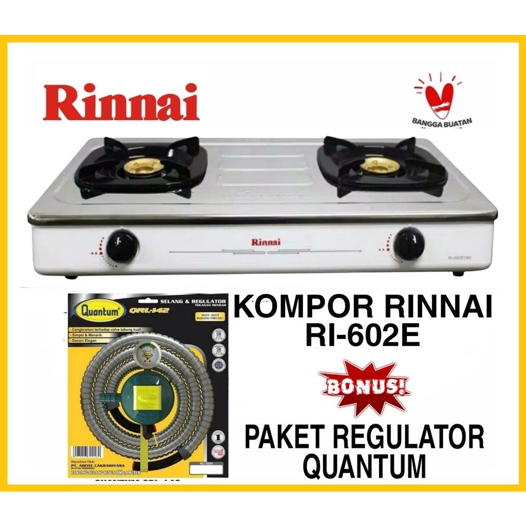 Jual Paket Kompor Gas Rinnai 2 Tungku RI 602 E(W) / Bonus Selang Regulator Quantum QRL-142 / RI ...