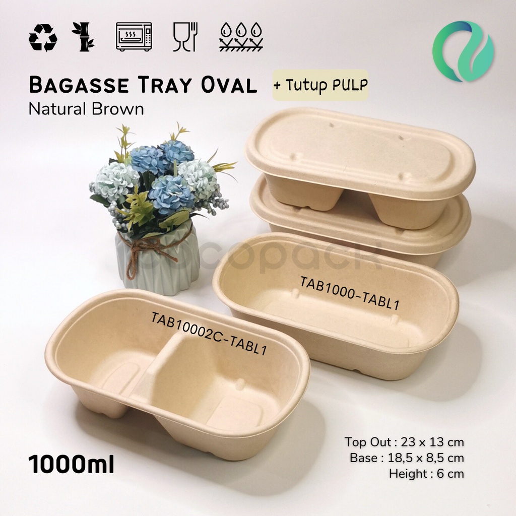Jual Bagasse Oval 1000ml Sekat 2 dan Tanpa Sekat Tutup Pulp 10 PCS | Shopee Indonesia