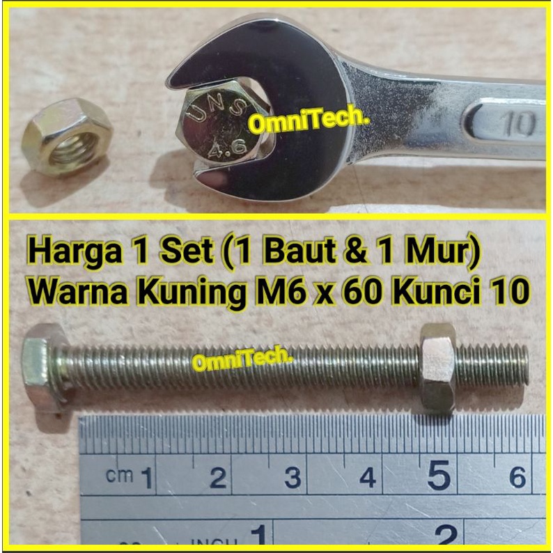 Jual Baut Mur Hex Hexagon BMK Kuning M6 x 60 mm 6x60 Kunci 10 Pitch 1,0 M6x60mm 6 x 60 M6x60 ...