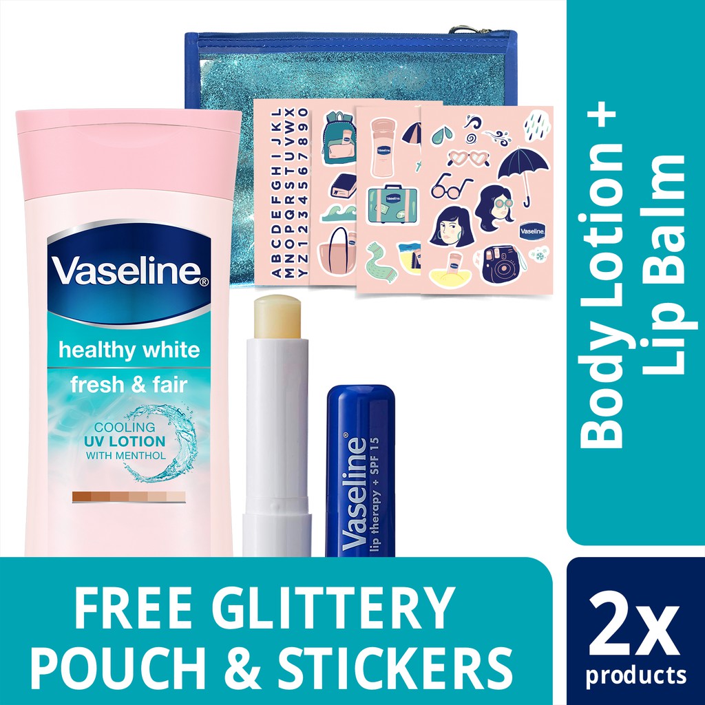 Jual Vaseline Body Lotion Vanilla And Lip Balm (Free Glittery Pouch ...