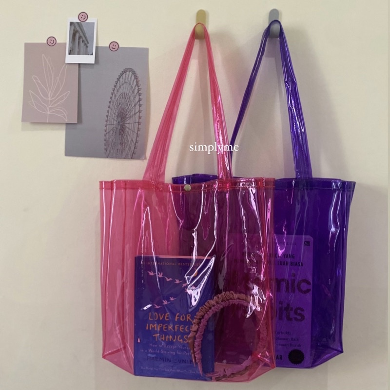 Jual TOTEBAG TRANSPARANT PINK PURPLE / TRANSPARANT BAG TOTE BAG WARNA ...