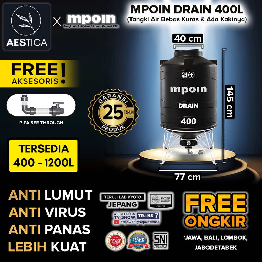 Jual Tangki Tandon Toren air MPOIN DRAIN 400L 600L 800L 1200L | ANTI LUMUT | GARANSI 25 TAHUN ...