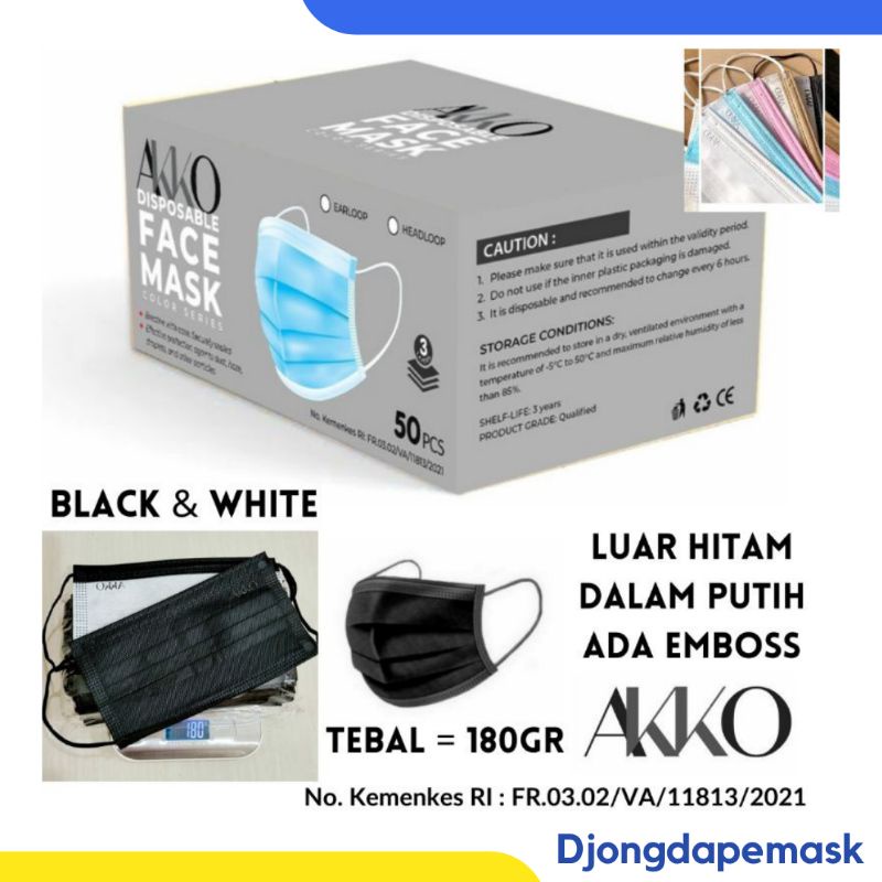 Jual Masker hitam tebal earloop hitam akko original masker 3 ply hitam ...