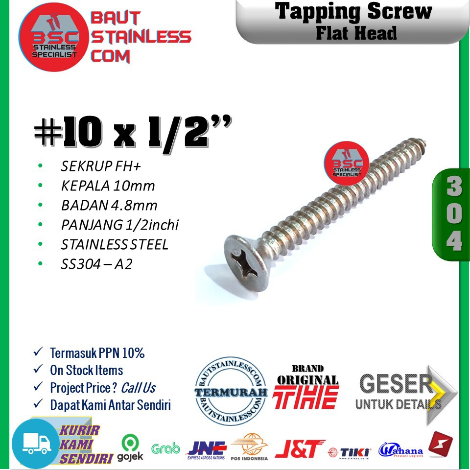 Jual TAPING SCREW SEKRUP FAB OBENG+ FLAT HEAD FH+ STAINLESS SS304 #10X1/2" ISI 10 PCS | Shopee ...