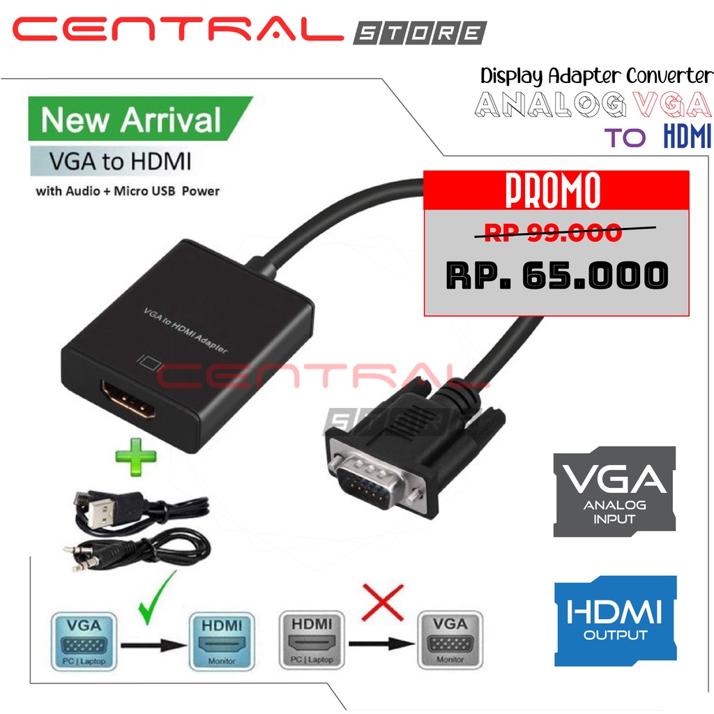 Jual Converter Kabel VGA MALE TO HDMI FEMALE AUDIO Konektor VGA TO HDMI - VGA ke HDMI | Shopee ...