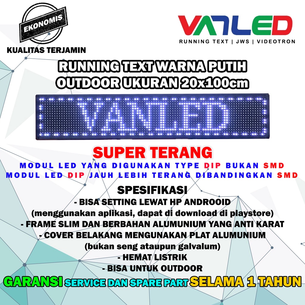 Jual Led Running Text Outdoor P10 Warna Putih Ukuran 20x100cm ...