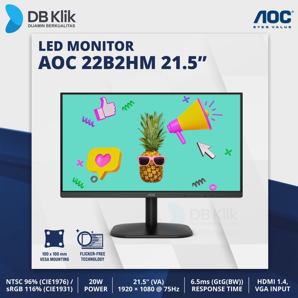 Jual LED Monitor AOC 22B2HM 21.5 Inch VA 75Hz Full HD HDMI VGA - AOC ...