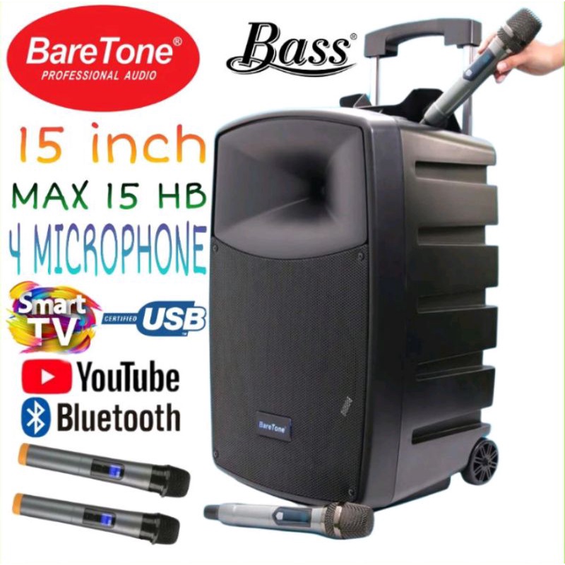 Jual Speaker Portable BARETONE max 1t HB 15inch Bluetooth 4 Mic Wireless | Shopee Indonesia