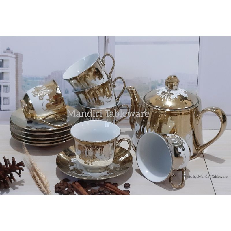 Jual Tea Set Keramik plus Rak | Motif Gold Crown | Midas | Isi: 15 pcs ...